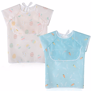 Little Dimsum 2 Pcs Baby Food Bibs Short Sleeves Feeding Bibs Waterproof Baby Bibs 6-48 Months Toddler Bibs Apron Smock with Top Pocket Bag for Babies/Toddlers/Infants