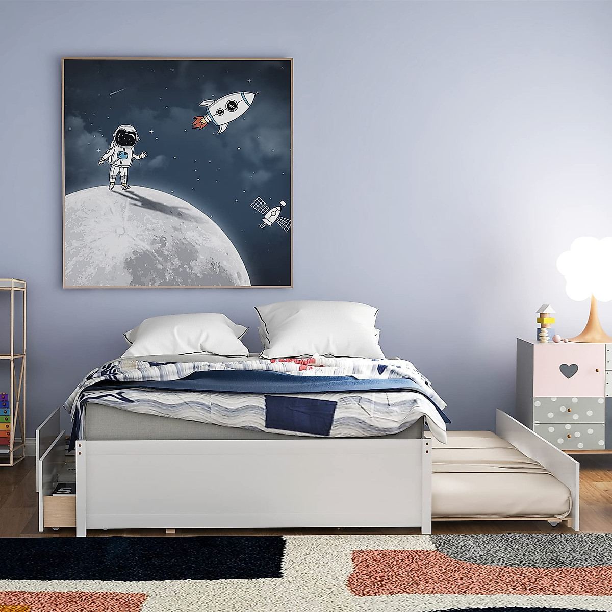 CITYLIGHT Full Bed with Trundle and Storage, Wood Platform Frame Full Bed with Trundle and Drawers, Space-Saving Full Bed for Kids, Boys, Girls, Teens, White