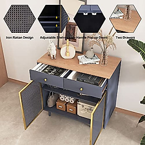 ORRD Modern Buffet Sideboard Cabinet, Iron Rattan Kitchen Accent Storage Cabinet Console Television Table with 2 Doors and 2 Drawers, Buffet Cabinet Accent Cabinet for Living Room Bedroom (Blue)