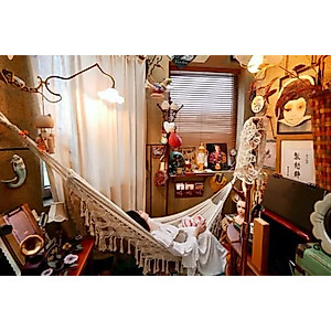 Outdoor Hammock 2 Person Large Brazilian Hammocks Canvas Cotton Indoor Hammock for Bedroom Patio Porch Garden Backyard Lounging Outdoor w/Handwoven Macramé Fringe Tassels