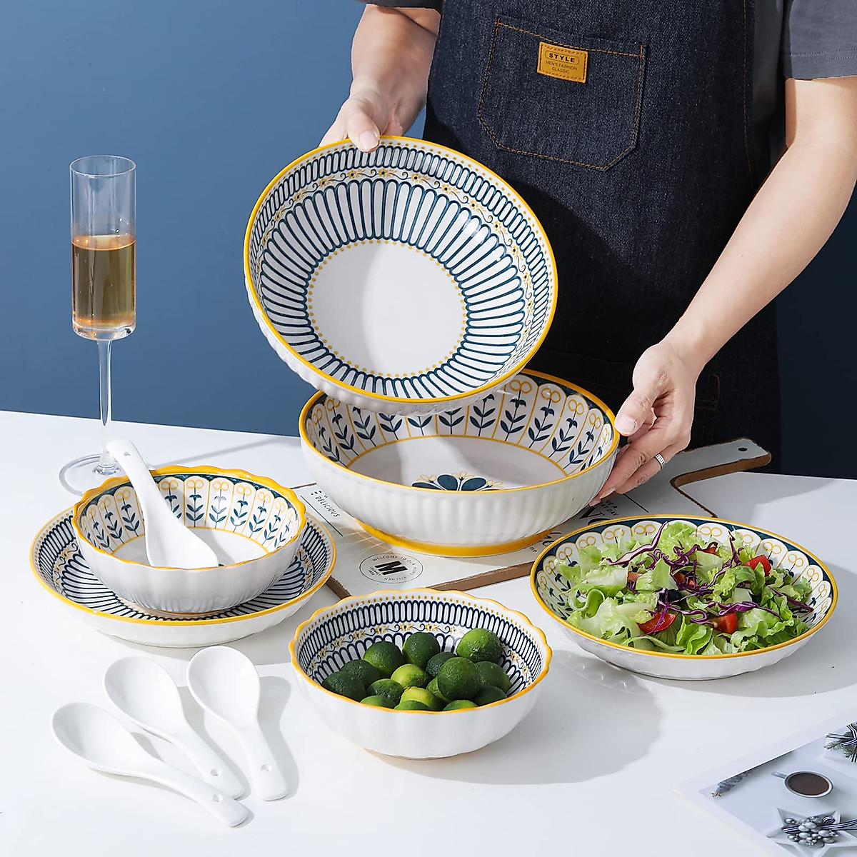 Binvertaocier Ceramic 10-Piece 56 Oz Large Soup Bowls and Spoons Set, 9 Inch Large Serving for Kitchen Pasta, Ramen, Pho Bowls and Soup Spoons Set,Dishwasher & Microwave Safe