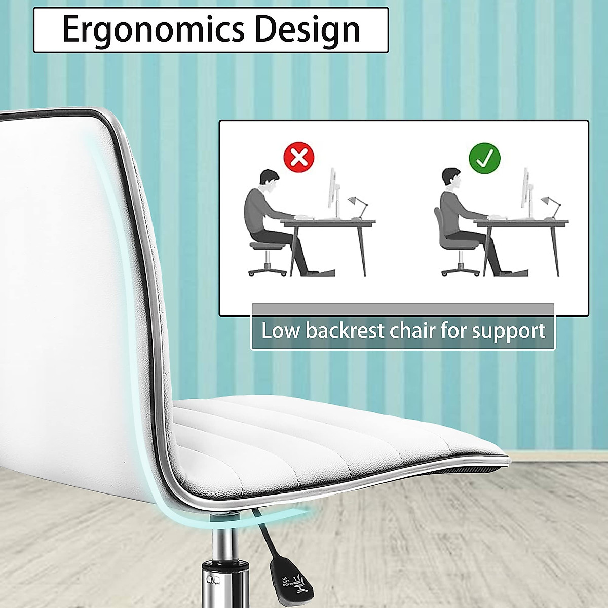 Pazidom Low Back Desk Chair Armless Leather Swivel Office Chair Adjustable Computer Task Chair, Vanity Chair for Makeup Room/Bedroom, White