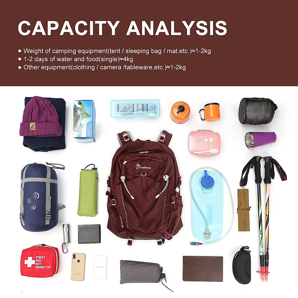 MOUNTAINTOP 35L Hiking Backpack for Women & Man Outdoor Backpack with Rain Cover for Camping, Cycling and Traveling