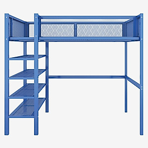 Bellemave Full Size Metal Loft Bed with 4-Tier Shelves and Storage, Loft Bed with Bookshelf (Blue)