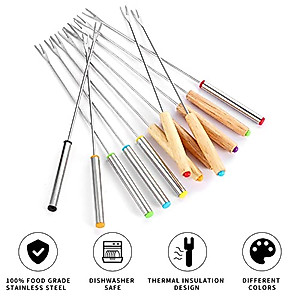 24 Pack 9.6 Inch Stainless Steel Fondue Forks, 12 Wood Handles and 12 Stainless Steel Handles, Heat Resistant Smores Sticks for Roast Meat Chocolate Dessert Cheese Marshmallows (6 Colors)