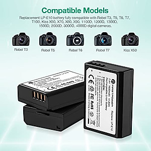FirstPower LP-E10 Battery 3-Pack and Triple Slot Charger Compatible with Canon EOS Rebel T3 T5 T6 T7 T100 Kiss X50 X70 X80 X90 1100D 1200D 1300D 1500D 4000D Digital Cameras