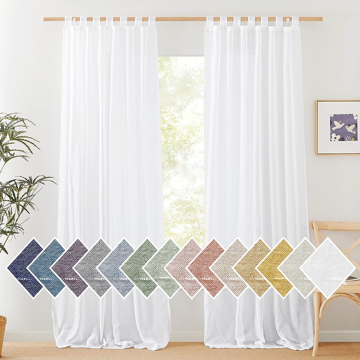 NICETOWN White Linen Curtains 84 inch Length, Tab Top Soft Semi Sheer Flax Window Treatments Privacy with Light Filtering Vertical Drapes for Bedroom/Living Room, W52 x L84, 2 Panels