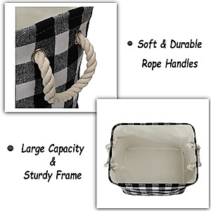 Large Rectangular Decorative Storage Bins Foldable Laundry Hamper Baskets Buffalo Grid Pattern with Rope Handles for Blankets, Toys, Nursery, White Black Grid, L