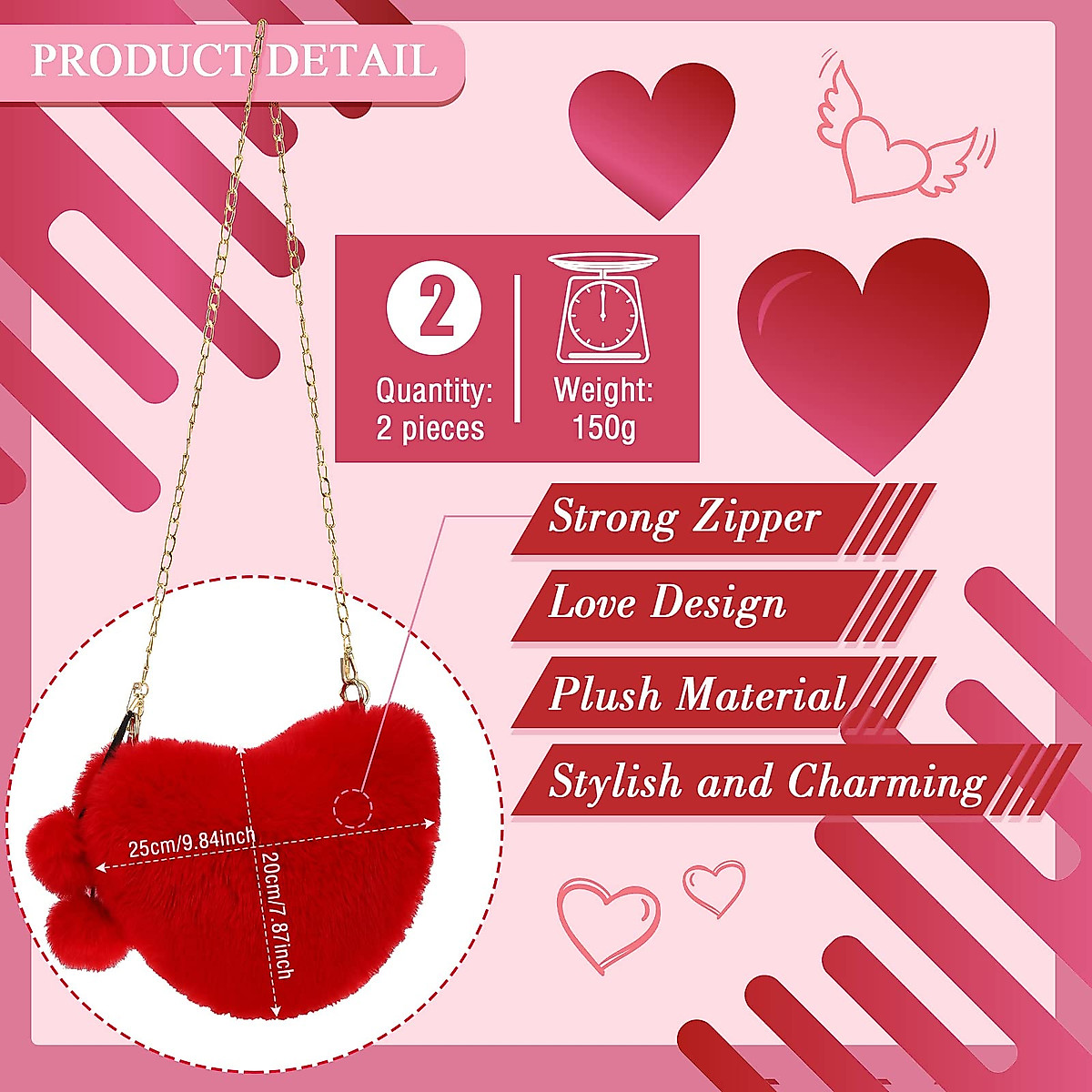 Saintrygo 2 Pcs Valentines Day Furry Purse Heart Shaped Purse Women Soft Fluffy Faux Fur Handbag Gift for Christmas(Red, Black)