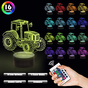 FULLOSUN 3D Illusion Lamp, Tractor Car 3D Night Light for Kids with 16 Colors Changing Remote Control, Bedroom Decor Creative Birthday Gifts for Boys Kids Baby