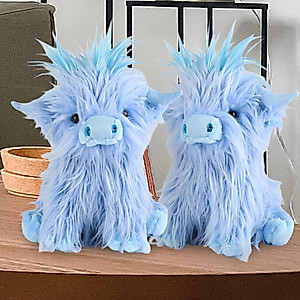 Uniwirtec Stuffed Animals Highland Cows 9 Inches Cute Stuff Fluffy Cattle Dolls Farm Toys Plushie Pillows Birthday Gifts for Baby Kids Girls Boys Toddler Preschool Realistic Plush Decor (Blue)