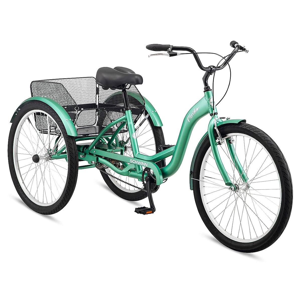 Schwinn Meridian Adult Tricycle Bike, Mens and Womens Three Wheel Beach Cruiser, 26-Inch Wheels, Low Step-Through Frame, Wide Seat, Rear Folding Basket, Single-Speed, Green