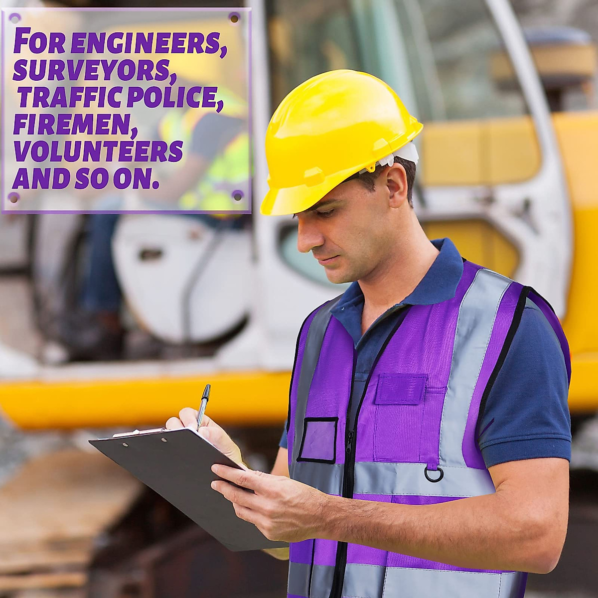 EBOOT 10 Pcs Safety Vests High Visibility Safety Vest with Reflective Strips, Neon Vest Construction Vest with Pockets (Purple)