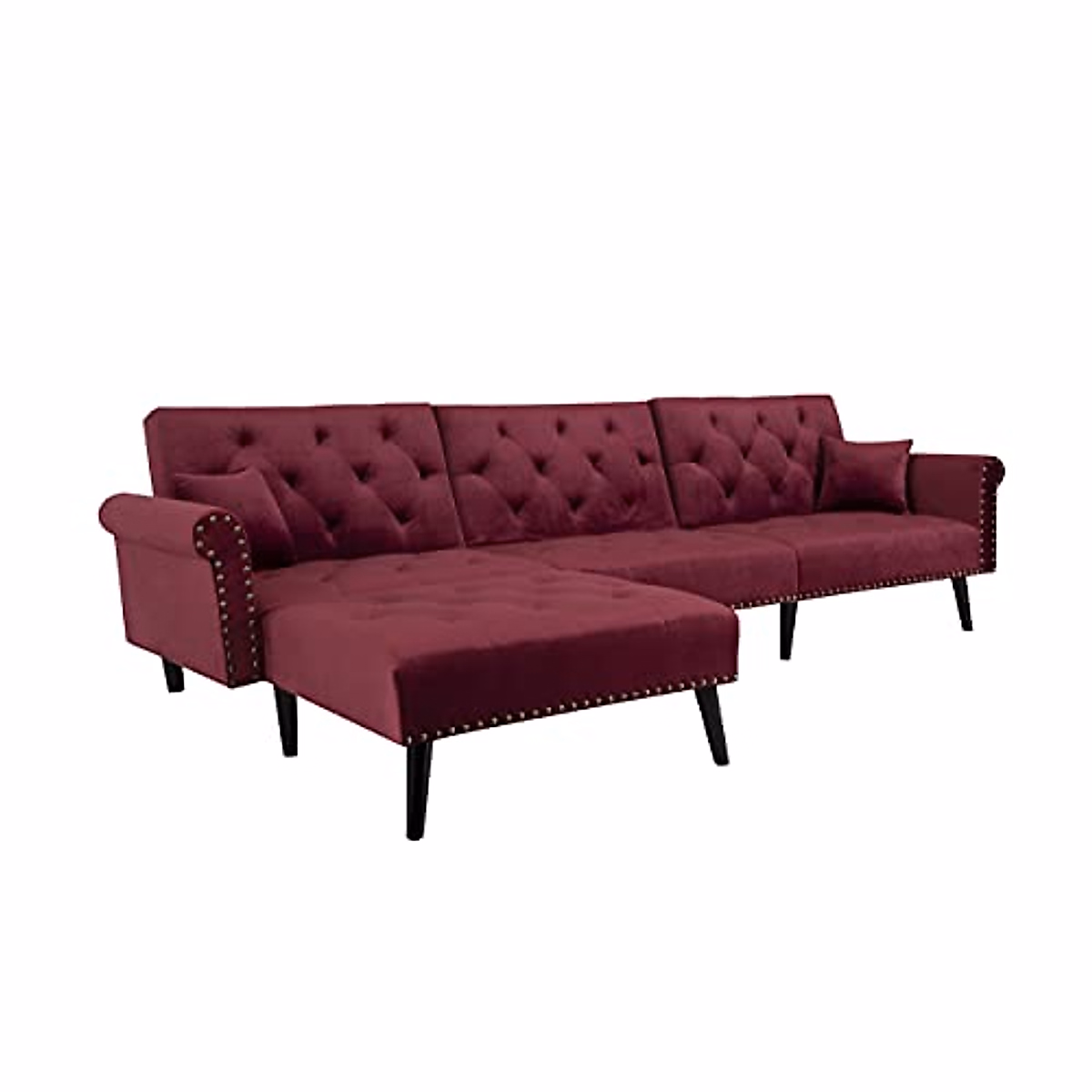MOEO 115" Reversible Button Tufted Sectional Sofa with 2 Pillows and Chaise Lounge, L-Shaped Nailhead Decor Corner Sofá Convertible Sleeper Velvet Couch Bed for Living Room Furniture, Red