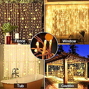 Upgraded Solar Curtain Lights Remote Control, Outdoor Garden Lights 300 LED 8 Modes Waterproof Solar Waterfall Fairy String Lights Decoration for Christmas Patio Garden Party Wedding (Warm White)