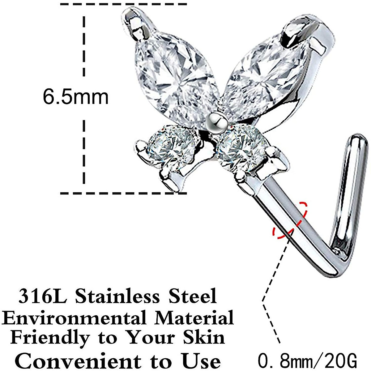 CHARMONLINE CZ Butterfly Flower L Bend Stud Nose Ring 20G L Shaped Nose Studs Nose Hoop Rings Nose Body Piercing for Women Men