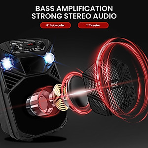 Pyle Bluetooth PA Speaker System - 300W Rechargeable Outdoor Bluetooth Speaker Portable PA System w/ 8” Subwoofer 1” Tweeter, Microphone in, MP3/USB, Radio, Remote - Pyle PPHP838B, Black
