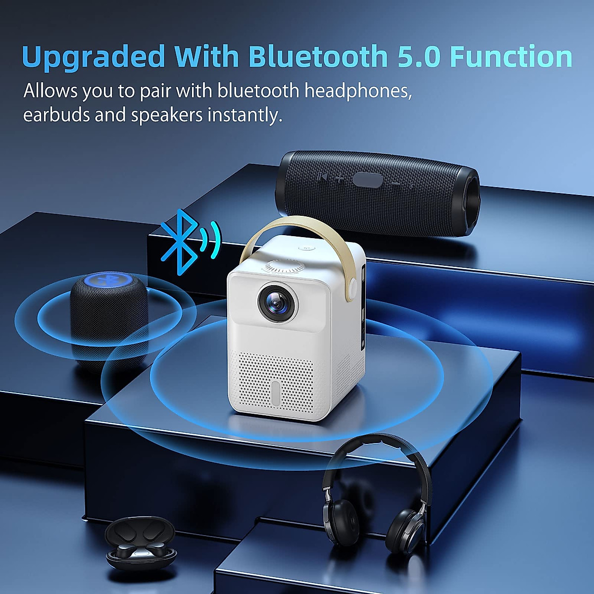 4K Projector with Android System 9.0, 12000 Lumen Projector with WiFi and Bluetooth for Outdoor Movies, Max 300” ±45°4D Display, Compatible with Smartphone, TV Stick, Laptop, PS4/XBOX, HDMI, USB, ZOOM