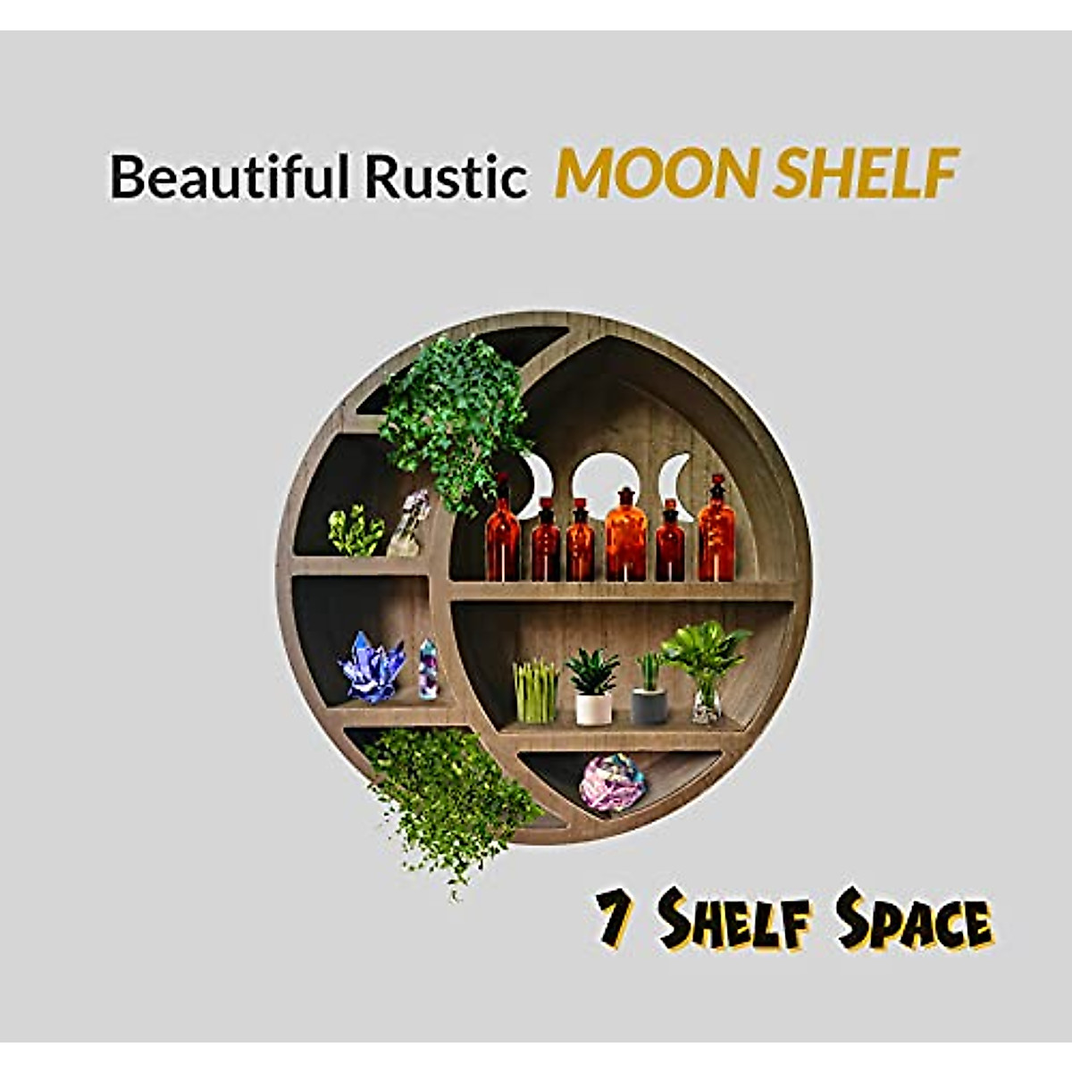 KuteDecor, Crescent Moon Shelf for Crystals , Wiccan Shelf, Crystal Shelf Display, Crystals Decor, Essential Oils Shelves Wooden, Crystal Wall Shelf, Moon Phase (Brown)