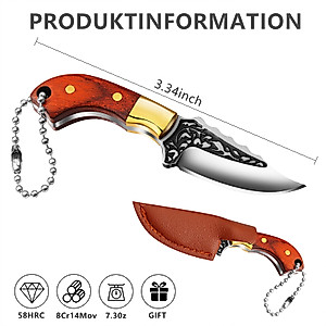 Coowolf Mini Keychain Knife, 3.35 Inch Stainless Steel Fixed Blade Knife with Leather Sheath, Wood Handle EDC Tiny knife for Everyday Use or Collection