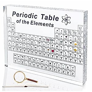 Periodic Table with Real Elements Inside,Rich in Real 83 Chemical Elements,Acrylic Periodic Table,Free Wooden Base,Great Gift for Children and Students,Home School Desk Decor