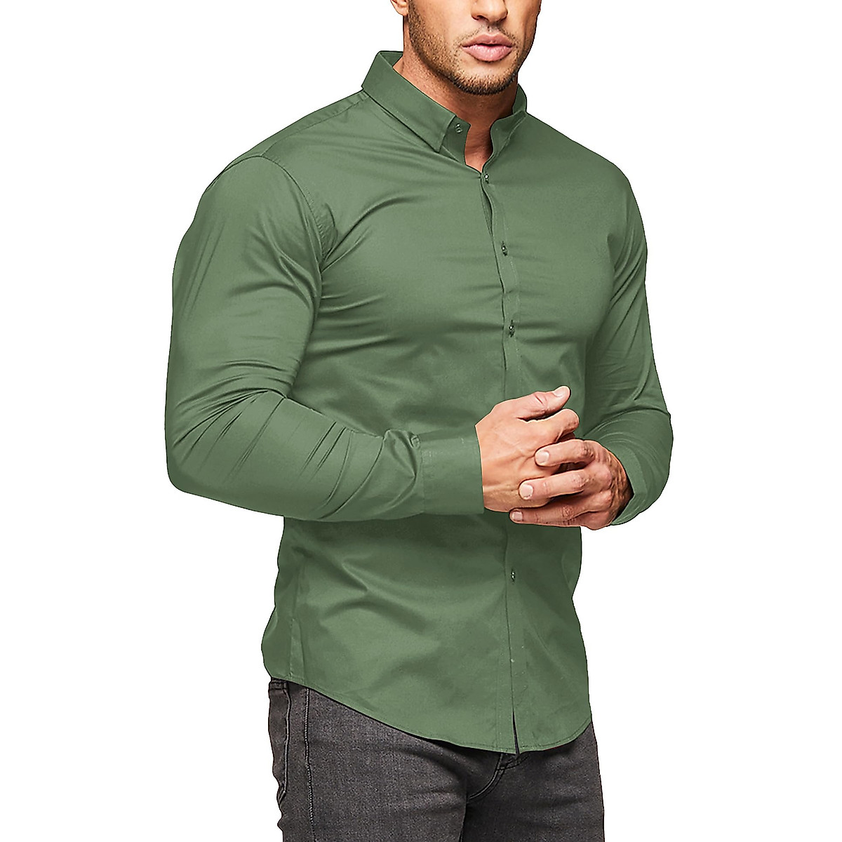 URRU Men's Muscle Dress Shirts Slim Fit Stretch Long Sleeve Casual Button Down Shirts Army Green M