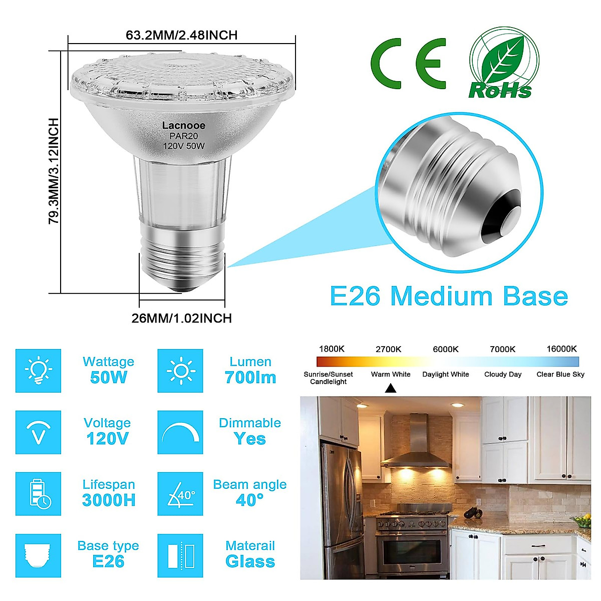 Lacnooe PAR20 Bulbs, 2 Pack 120V 50W PAR20 Flood Light Bulbs, Long Lifespan High Output Reflector Flood Lights, E26 Medium Base, Dmimable, Warm White