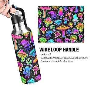 Oarencol Colorful Mushrooms Water Bottle Rainbow Star Stainless Steel Vacuum Insulated with Straw Lid 20 Oz