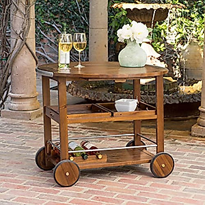 Christopher Knight Home Tillary Tiller Outdoor Acacia Wood Bar Cart Aluminum Accents, Dark Oak/Shiny Powder Coating