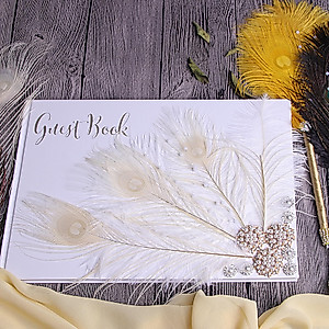 Vijiv Personalized Wedding Guest Book for Wedding Reception Signs, Bridal Baby Shower, Peacock Feather Hardcover Guestbook for Table Decoration Engagement Birthday Party Event, Photo Corners and Pen