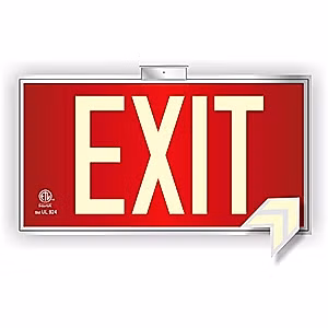 Photoluminescent Exit Sign Red - Framed Flag/Ceiling Mount (Removable Arrows) Code Approved UL 924 / IBC/NFPA/Part Number FRUL-BR-050-R