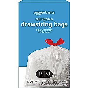 Amazon Basics Flextra Tall Kitchen Drawstring Trash Bags, 13 Gallon, 50 Count