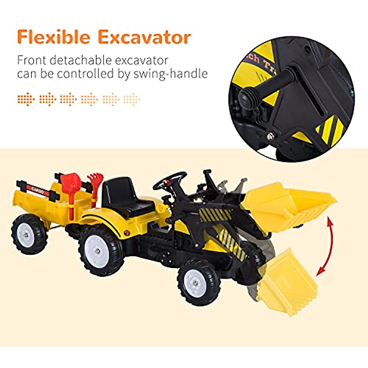 Aosom Kids Ride-On Excavator, Pedal car Bulldozer Move Forward/Back with Real Working Dirt Bucket, 6 Wheels, & Cargo Trailer