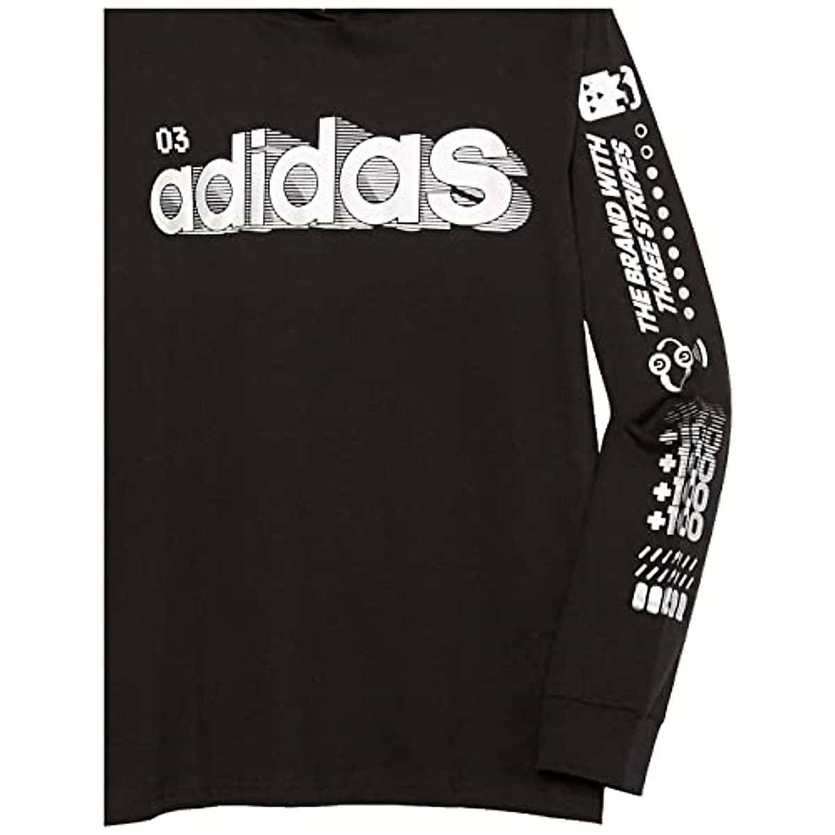 adidas Boys' Long Sleeve Linear Camo Hooded Tee, Black with Silver, Large (14/16)