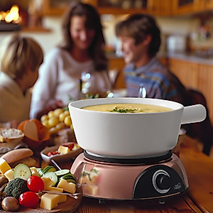 Artestia 2-QT Electric Fondue Pot for Meat, 1500W Ceramic Chocolate Melting Pot with Adjustable Temperature, 6 Fondue Forks, White Ceramic Pot with Rose-Gold Base