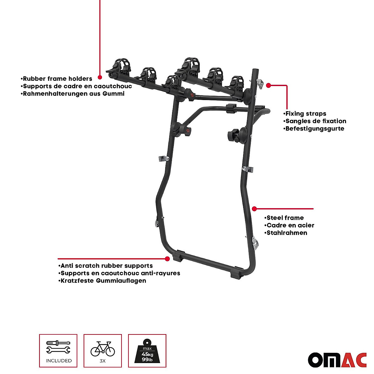 OMAC 3 Bike Rack Carrier Hitch Mount for Mercedes M Class W164 2005-2011 Steel Black