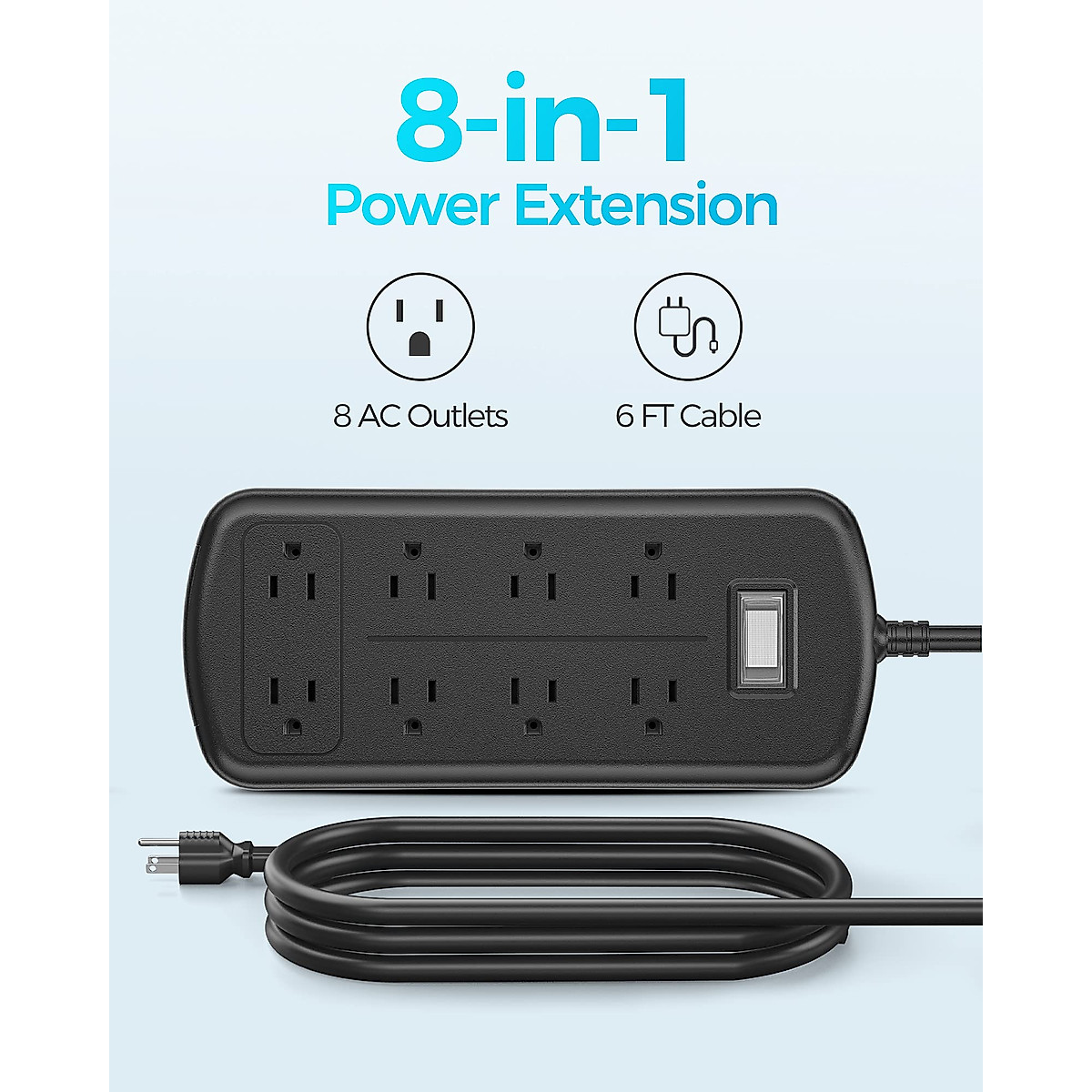 Outdoor Power Strip 8 Outlets, Weatherproof Surge Protector with 6 FT Extension Cord, IPX6 Waterproof, 1875W Overload Protection, Mountable Outlet Extender for Home Patio and Garden, Black