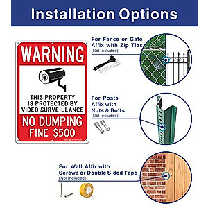 Warning No Dumping Fine $500 Sign, This Property Is Protected By Video Surveillance Sign, 14 x 10 Inches .040 Rust-Free Aluminum, UV Protected, Weather Resistant, Durable Ink, Easy to Mount (2 Pack)