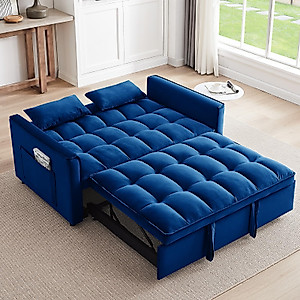 Brafab Pull Out Sofa Bed, 3 in 1 Convertible Sleeper Sofa Couch Bed, 55" Loveseat Velvet Tufted Sofa Bed with Adjustable Backrest, Side Pocket and 2 Throw Pillows, for Living Room Bedroom, Navy Blue
