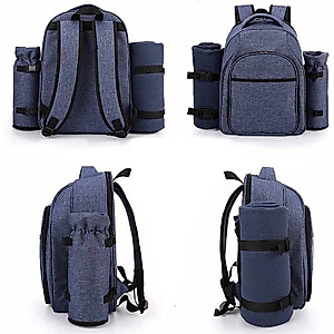 4-Person Picnic Backpack Bag with Cooler, Removable Water Bottle/Wine Rack, Outdoor Fleece Blanket, Plate and Cutlery Picnic Set (4-Person, Gray)