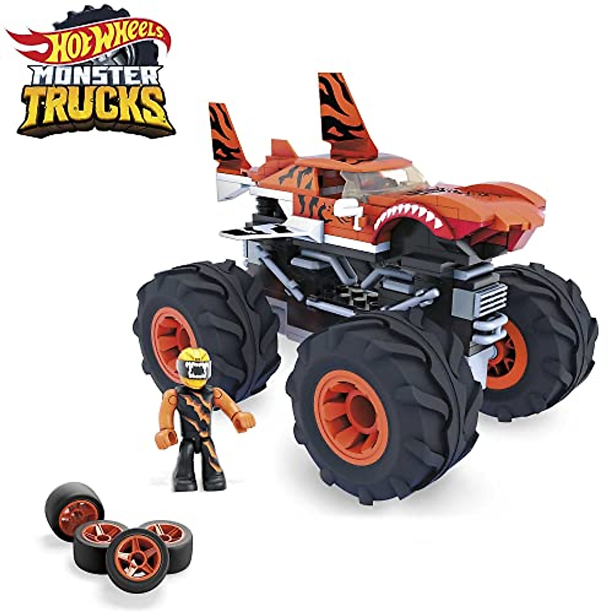 MEGA Hot Wheels Monster Trucks Building Toy Playset, Tiger Shark with 187 Pieces, 1 Micro Action Figure Driver, Orange and Black, Kids Age 5+ Years