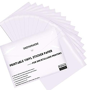 JANDJPACKAGING Printable Vinyl Sticker Paper - Waterproof Printable Vinyl for Laser & Inkjet Printer 15 Self-Adhesive Sheets - Glossy White - Standard Letter Size 8.5"x11"