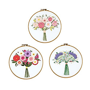SCHOLMART Embroidery Starter Flower, Kit with Pattern and Instructions, Cross Stitch Set, Stamped Embroidery Kits 3 Embroidery Clothes with Pattern, 1 Embroidery Hoops (3 Sets)