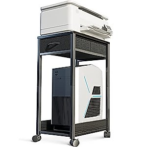 KKL Printer Stand with Storage, Computer Tower Stand with Drawer, Mobile PC Tower Stand Under Desk, CPU Stand Wood Desktop Stand for Home Office, Black & Dark Grey