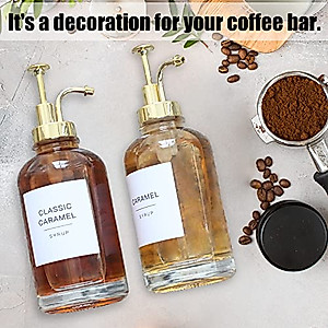 Coffee Syrup Dispenser for Coffee Bar,Coffee Syrup Pump Dispenser for Coffee Bar Accessories,Coffee Syrup Bottles.16.9 oz 500 ml, Set of 2, Gold.Including Glass Bottle,Pump,Labels and Silicone Funnel