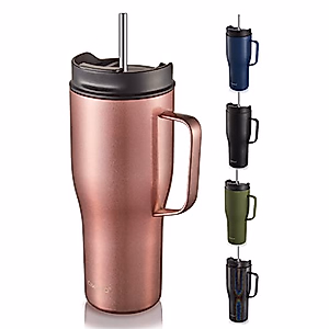 CIVAGO 30 oz Tumbler Mug with Lid and Straw, Insulated Travel Coffee Mug with Handle, Stainless Steel Vacuum Coffee Cup, Leakproof, Rose Gold