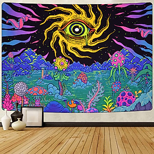 Uspring Blacklight Burning Sun Tapestry UV Reactive Sunset Mushroom Tapestry Hippie Eyes Tapestries Ocean Plant Tapestry Aesthetic Mountain Tapestry Wall Hanging for Bedroom(59.1 x 82.7 inches)