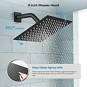 gotonovo Matte Black Shower System Bathroom Shower Faucet Wall Mount 8 Inch Square Rainfall Shower Head 3-Function Waterfall Tub Spout and Hand Held Spray with Rough-in Valve and Shower Trim Included