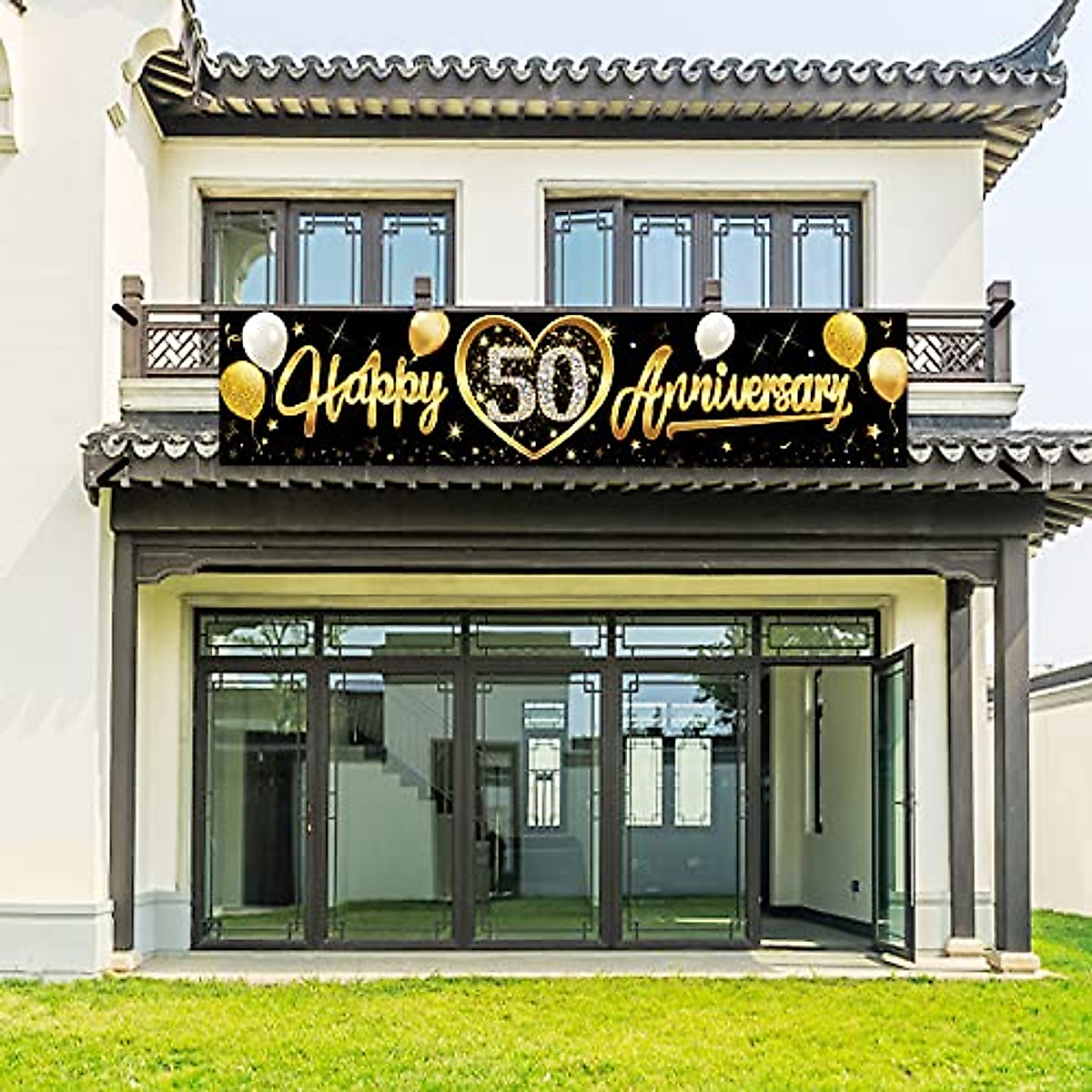Happy 50th Wedding Anniversary Banner Decorations, Black Gold 50th Anniversary Sign Party Supplies, 50th Wedding Anniversary Decor Photo Booth for Outdoor Indoor