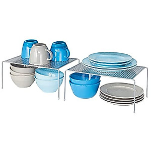 mDesign Large Raised Metal Kitchen Pantry Stacking Plate Organizer Storage Shelves, Cabinet Shelf Rack for Cupboard, Cabinet - Store Food, Dishes, Bowls, Mugs, Concerto Collection, 2 Pack, Silver